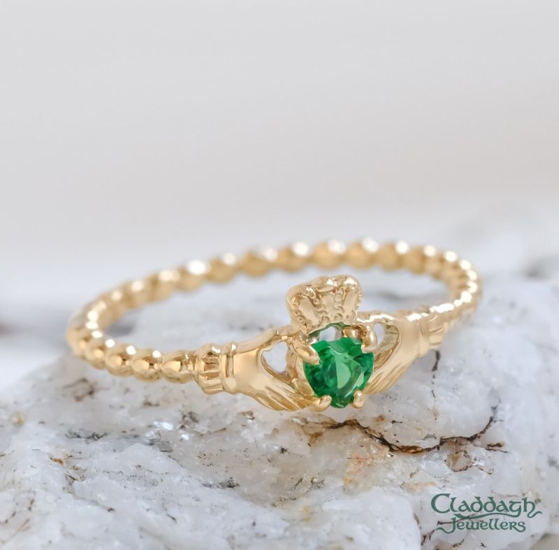 10kt Beaded Green CZ Claddagh Ring | Claddagh Jewellers