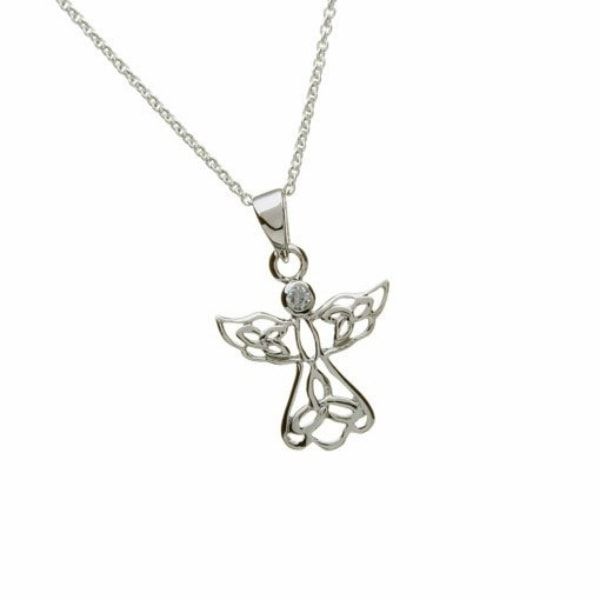 Sterling Silver CZ Celtic Angel Pendant & Chain